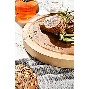 Linoroso Round Cutting Board, Exquisite Non-Splicing Acacia Wood Cheese Board, Reversible Round (Dia. 10inch) Charcuterie Board with Juice Groove (Non-Exact Round, Follow Actual Shape of wood)