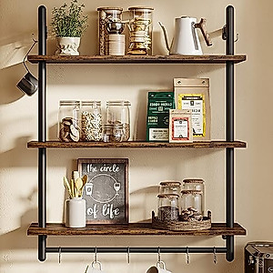 Bestier 3 Tier Industrial Pipe Shelving, Floating Book Shelves for Wall, Storage Hanging Shelves with Towel Bar for Bathroom Organizer Bedroom Kitchen Plants Office. 31.5 Inch Rustic Brown