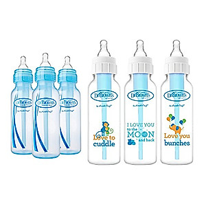 Dr. Browns Baby Bottles Boys 6 Pack - 3 (8 oz) Blue and 3 (8 oz) Clear Bottles with New Prints