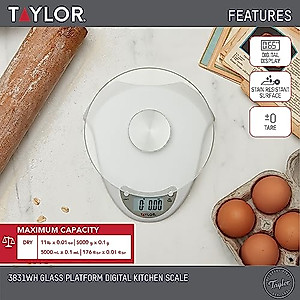 Taylor Digital Kitchen Scale with Glass Platform, Tare Button, and Plastic Body Weighs up to 11 Pounds Capacity, White