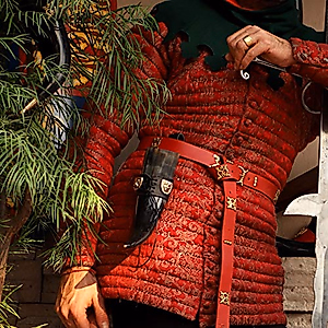 Mythrojan THE LION ALWAYS PAYS ITS DEBTS - Viking Drinking Horn with Black Leather holder Authentic Medieval Inspired Viking Wine/Mead Mug – Polished Finish