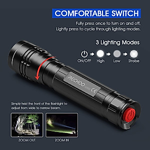 RECHOO High-Powered LED Flashlight S2000, Upgraded Powerful 2000 High Lumens Flashlights with 3 Modes, Zoomable, Water Resistant Flash Light for Home, Camping, Emergency, Hiking, Outdoor