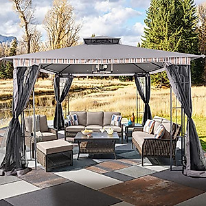 Joyside Patio Gazebo with Netting 12 ft. x 10 ft. Double Tier Roof gazebos for patios (Grey)