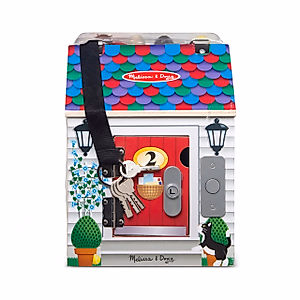 Melissa & Doug Take-Along Wooden Doorbell Dollhouse - Doorbell Sounds, Keys, 4 Poseable Wooden Dolls Portable Doll House, Doorbell House For Kids Ages 3+