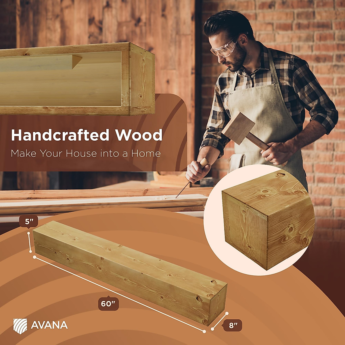 Avana Rustic Fireplace Mantle Shelf 60 Inches - Handcrafted Wood Mantles for Over Fireplace - Wall Mounted Farmhouse Fireplace Mantel Shelf - Floating Fireplace Mantels 60 Inch X 8 X 5 Rustic Natural