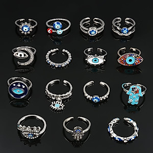 YADOCA 15Pcs Evil Eye Ring for Women 14K Gold Plated Third Eye Ring Turkish Blue Eye Ring Cubic Zirconia Adjustable Open Ring Hamsa Hand Ring for Protection