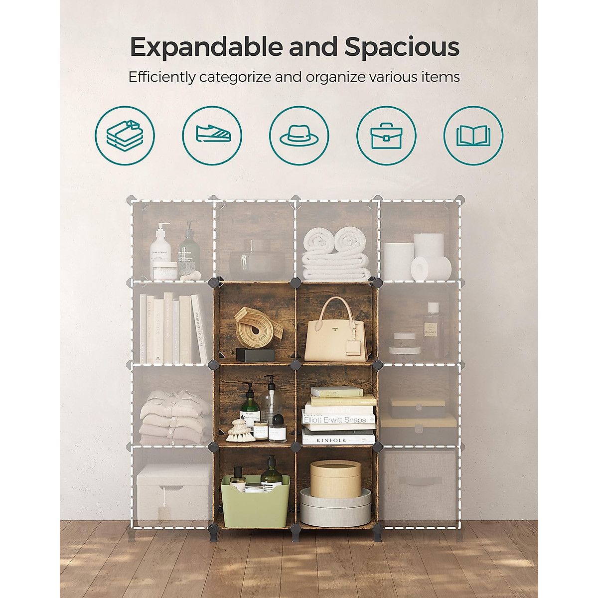 SONGMICS 6 Cube Storage Organizer, DIY Closet Shelf, Plastic Clothes Organizer, Modular Bookcase, 11.8 x 11.8 x 11.8 Inch Cubes, with Feet and Rubber Mallet, Rustic Brown ULPC111A01