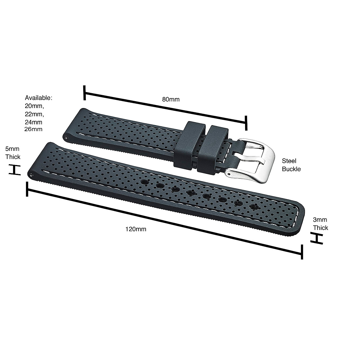 STUNNING SELECTION ALPINE Premium quality waterproof silicone watch band strap with quick release – Soft rubber black watch band 22mm - grey stitching