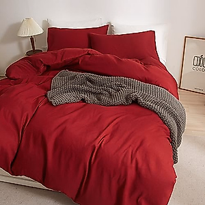Mucalis Burgundy Duvet Cover Queen Washed Brushed Full/Queen 3pc Solid Modern Bedding Duvet Cover Set with Pillowcases Zipper Closure Corner Ties-No Comforter