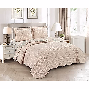 Brilliant Sunshine Traditional Rose and Sage Patchwork, with Rose Bud Patch Frames, 3-Piece Quilt Set with 2 Shams, Reversible Bedspread, Lightweight Coverlet, All-Season, Full/Queen, Light Rose Sage