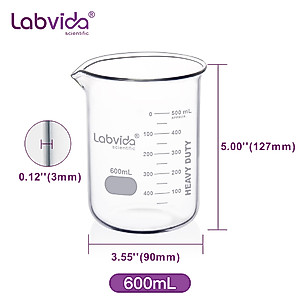 Labvida 6pcs 600ml Upgrated Thick Glass Beakers, Griffin Low Form Beaker Set with Double Scale, 3.3 Boro, LVA030