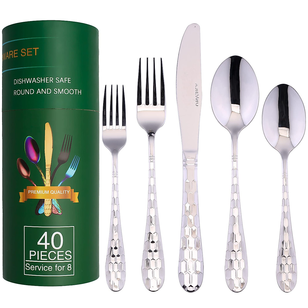 40-Piece Silverware Set for 8, Durable 18/10 Stainless Steel Flatware Set, Premium Home Kitchen Eating Tableware Cutlery Utensil Set for Gift, Include Fork Knife Spoon Set, Dishwasher Safe (Silver)