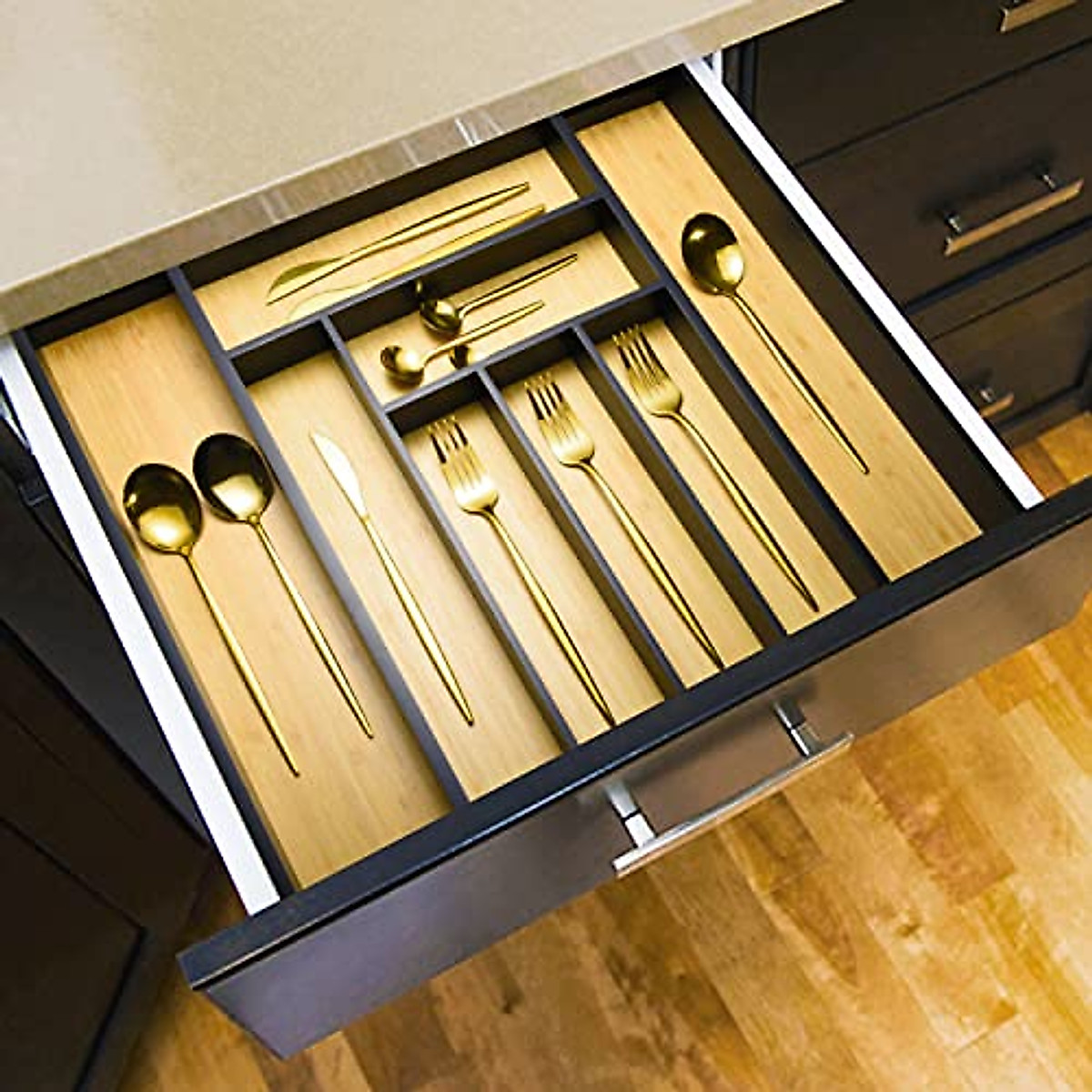 Cozee Bay Bamboo drawer organizer, utensil holder, silverware organizer, and adjustable cutlery tray with drawer dividers, for kitchen, office desk, and bathroom storage (Black)