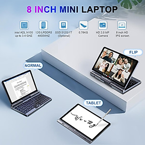 KOOSMILE Mini Laptop,8 inch HD Touch Screen Mini Computer Windows 11 Pro,Intel N100 4 Cores 2-in-1 Pocket PC 12GB LPDDR5 RAM 512GB M.2 SSD, Gigabit | Wi-Fi 6 | BT5.2 | 2MP Camera | G-Sensor | HDMI