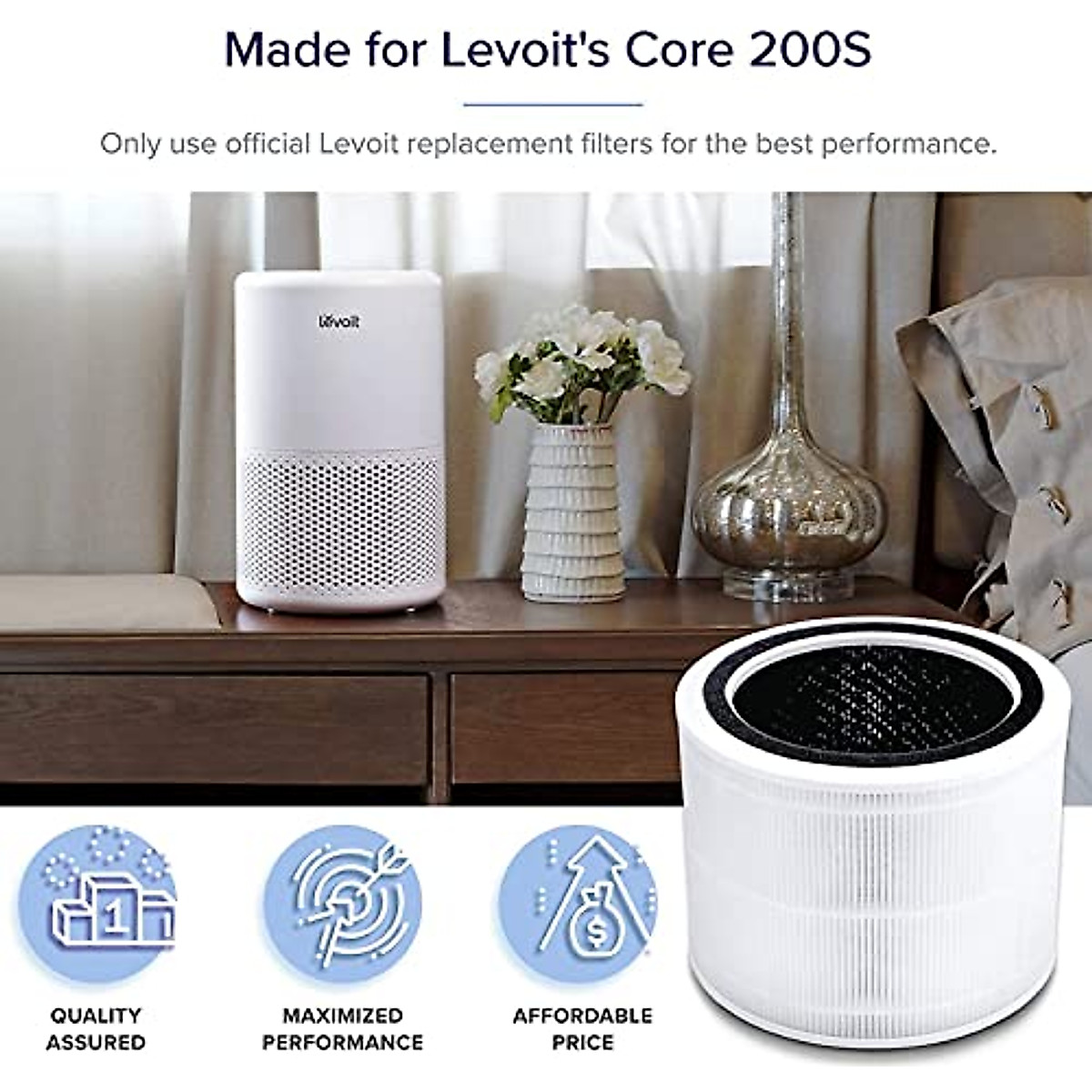 LEVOIT Air Purifier Replacement Filter, 3-in-1 True HEPA, 2 Pack, White & Air Purifiers for Bedroom Home, HEPA Filter Cleaner with Fragrance Sponge, White