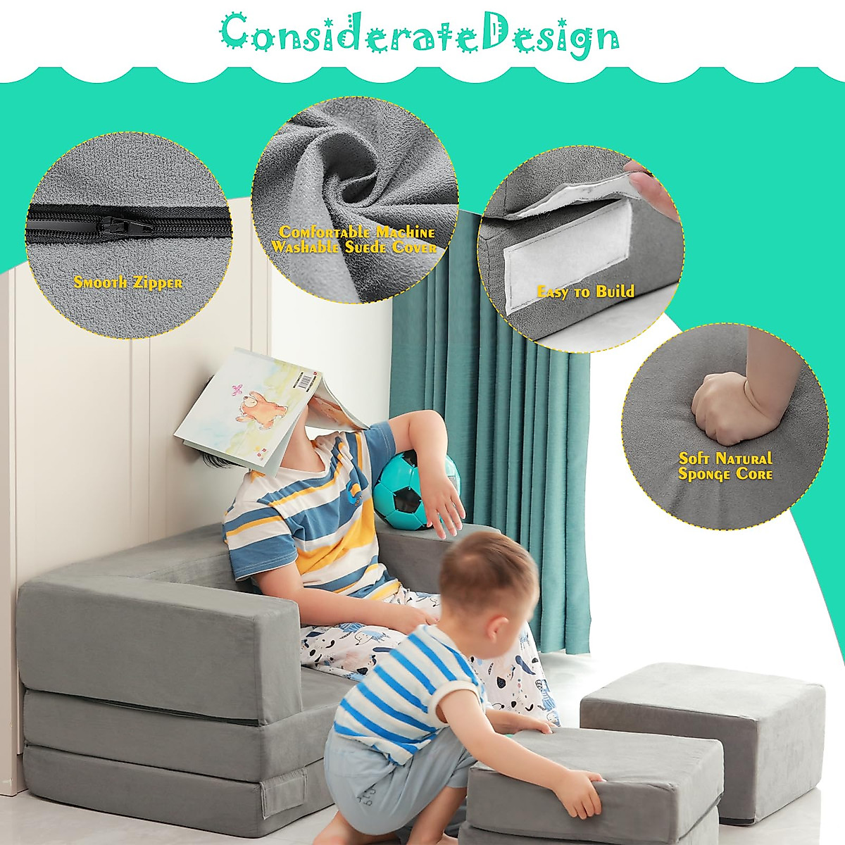 JHTOPJH Kids Couch,4-Piece Fold Out Toddler Play Couch,Floor Sofa Imaginative Furniture Play Set for Bedroom Playroom,Convertible Folding Kids Sofa for Creative Kids(Grey)