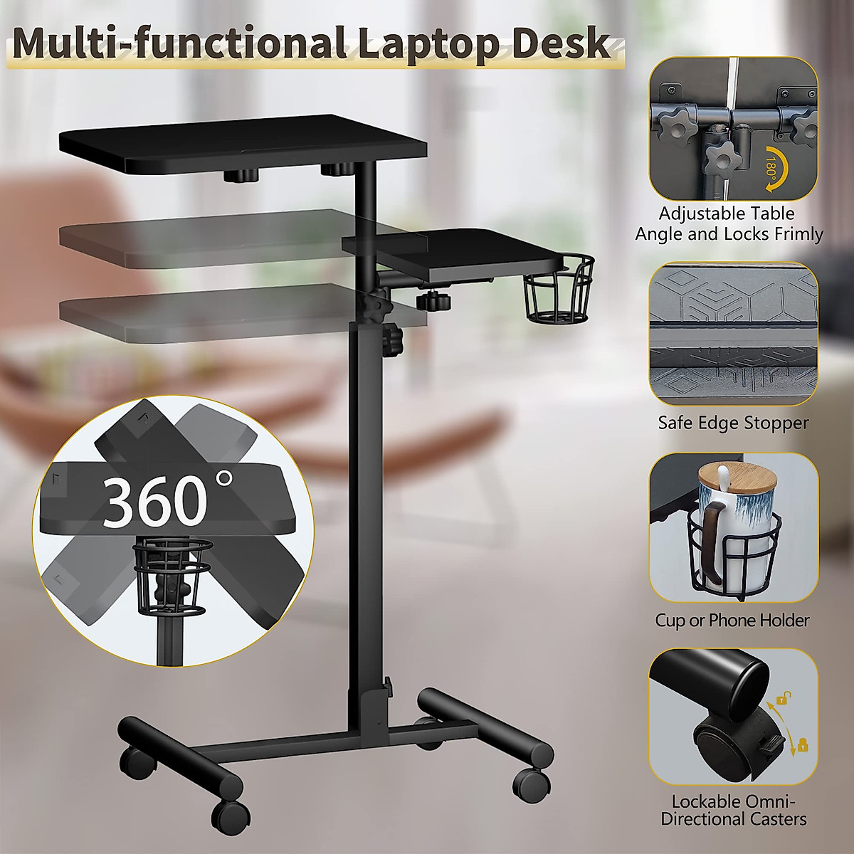 LvnRaay Height Adjustable Laptop Sit to Stand Up Desk with Wheels Cup Holder, Overbed Table with Wheels Adjustable Height Mobile Laptop Stand Desk, 40'' Rolling Desk Laptop Stand for Couch (Black)