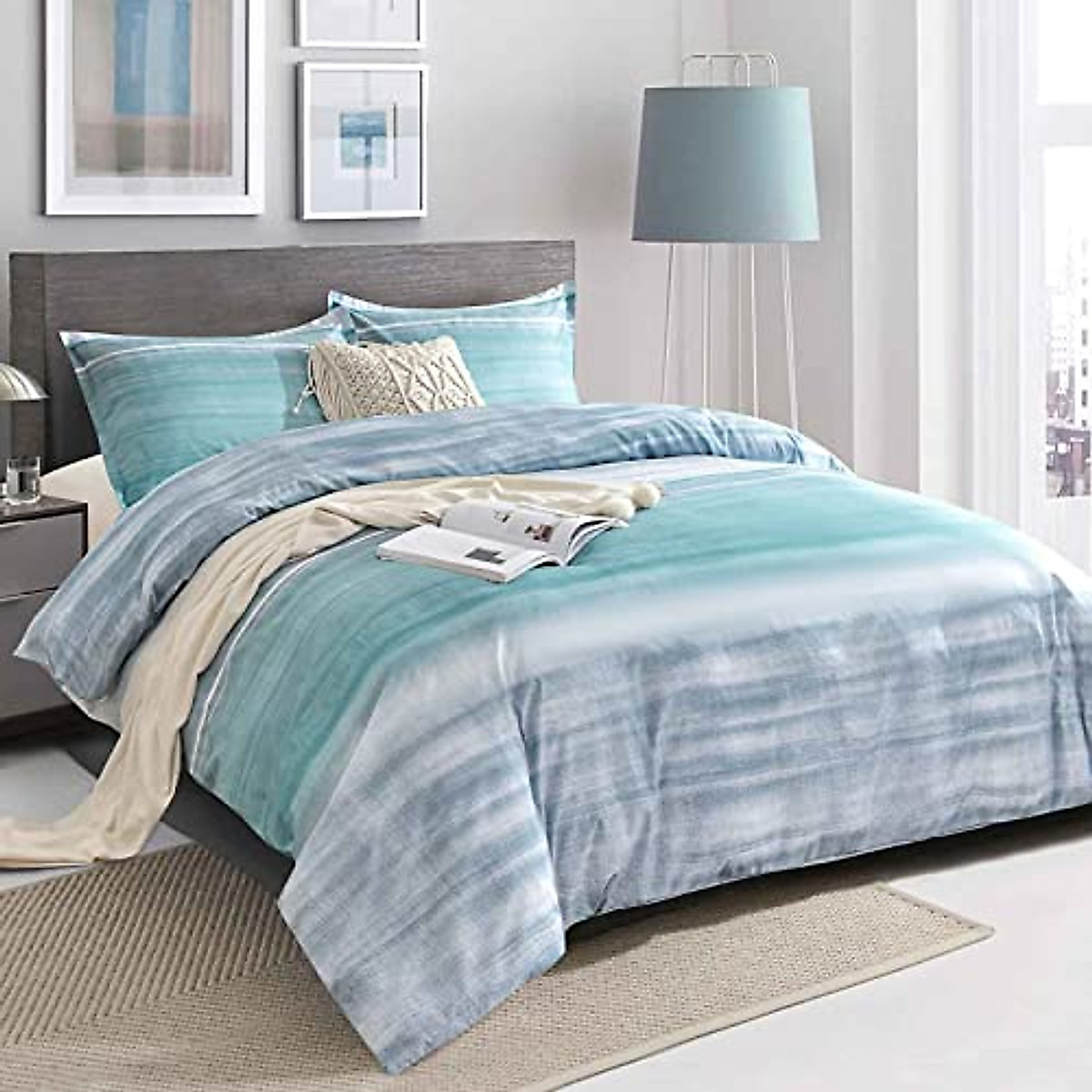 Queen Size Comforter Set, Teal, Gray and Blue Striped Pattern Print Reversible Down Alternative Bed Sets - 90 x 90 3PC Soft Microfiber Duvet Sets Modern Abstract Bedding in a Bag for Women Men, Grey