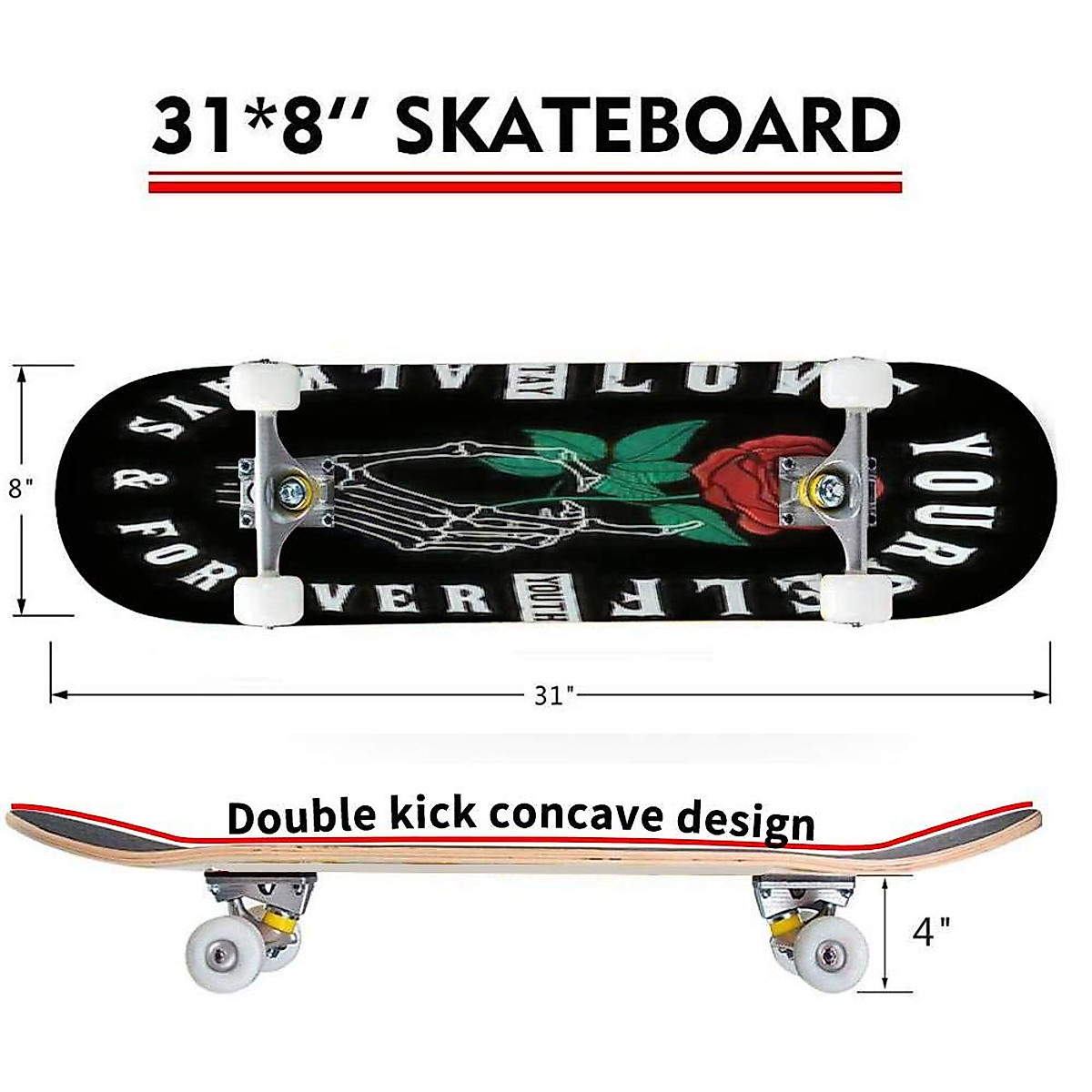 Classic Concave Skateboard Skeleton Hand Holding a red Rose Vector Illustration for t Shirt and Longboard Maple Deck Extreme Sports and Outdoors Double Kick Trick for Beginners and Professionals