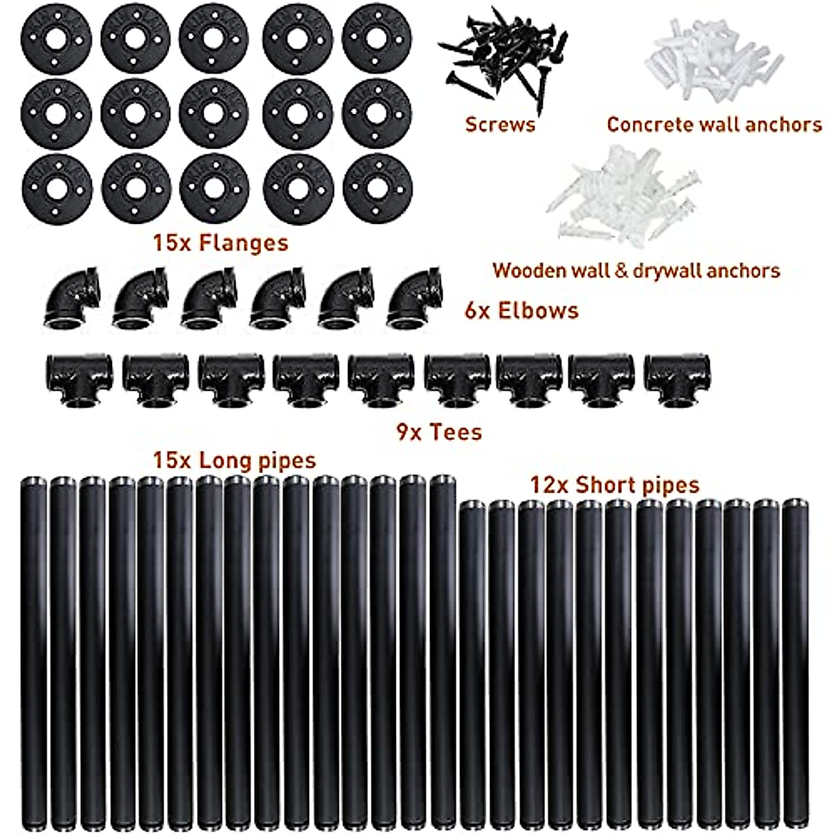 HITOMEN Industrial Iron Pipe Shelves Shelf Brackets Black Vintage Retro Shelving Wall Mounted DIY Open Bookshelf Rustic Farmhouse Pantry Kitchen Storage (3Pcs 5 Tier, 56" Tall 12" Deep, Hardware Only)