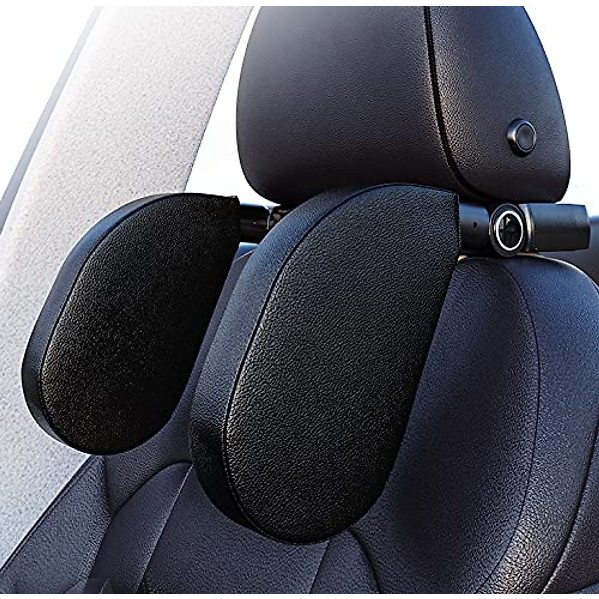 JOYBOOM Car headrest Pillow 2021 New Version,Upgraded with Hook,Road pal Detachable for Child in Long Trip,Head Neck Support Adjustable,Memory Foam U Shape Sleep Travel Protection, Leather Black