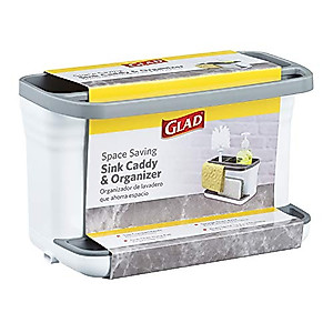 Glad Kitchen Sink Organizer Caddy with 2 Compartments | Sponge Holder for Soap, Scrubber Brush, and Dish Cloth | Drain Holes and Pour Spout Keeps Countertop Dry