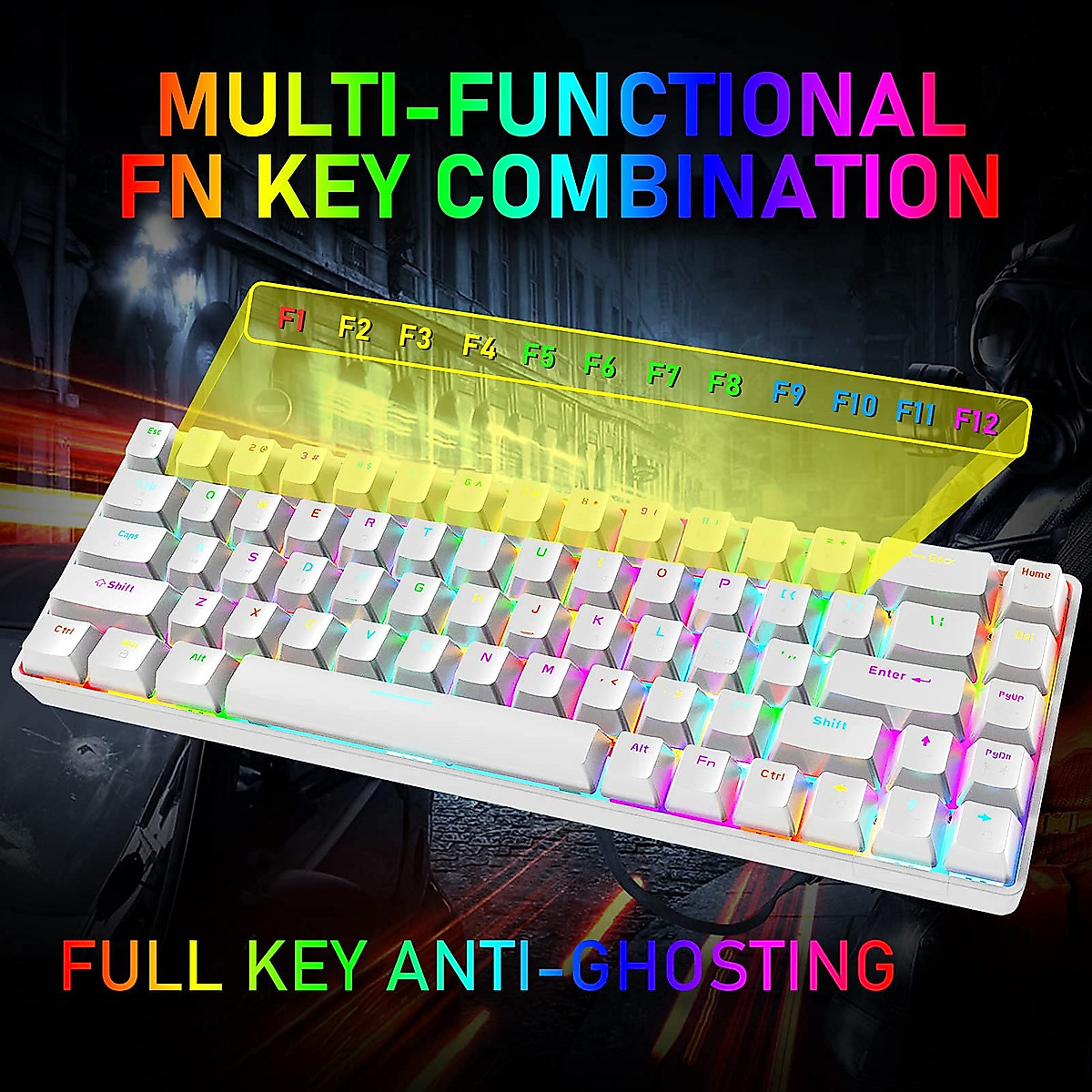 Compact 60% Mechanical Gaming Keyboard and Mouse Combo with Ergonomic Anti-ghosting 68 Key Rainbow RGB Backlight 6400DPI Honeycomb Mice Type-C Wired for PC Mac Gamer Office Typist(White/Blue Switch)