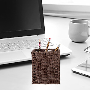 Cabilock Yellow Wicker Pencil Holder Pen Holder Rattan Makeup Brush Holder Makeup Holder Pencil Cup Desk Cup Holder Cutlery Utensil Caddy Silverware Holder