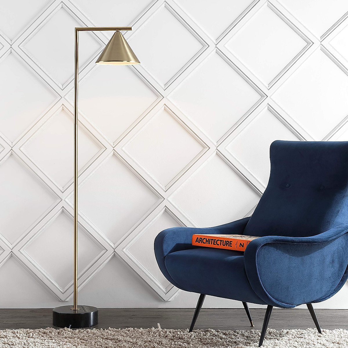 JONATHAN Y JYL3062A Chelsea 60" Metal/Marble Cone Shade LED Floor Lamp Modern,Contemporary,Transitional for Bedrooms, Living Room, Office, Reading, Brass/Black