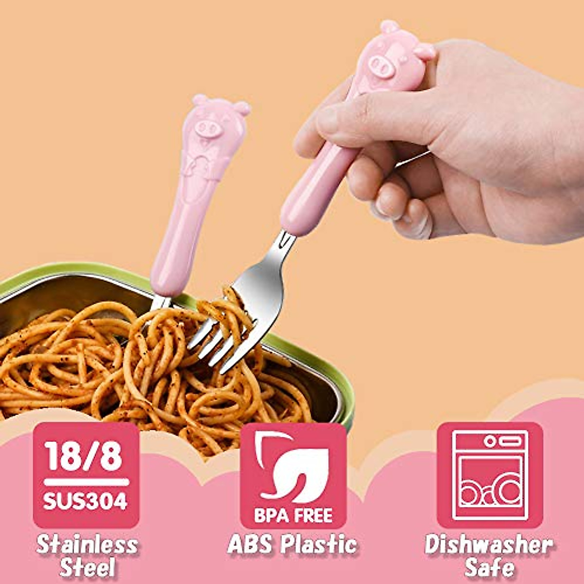 Toddler Utensils Kids Spoon and Fork Set 18/8 Stainless Steel Silverware BPA Free Cute Pig Child Flatware with Travel Case for Age 3+