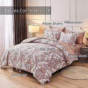 Yiran 7 Pieces Bed in a Bag Paisley Comforter Set Paisley Floral Bedding Set Soft Microfiber Boho Comforter King Size 90"×103"(1 Comforter,2 Pillowcases,2 Pillow Shams,1 Flat Sheet,1 Fitted Sheet)