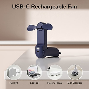JISULIFE Handheld Mini Fan, 3 IN 1 USB Rechargeable Portable Fan [12-19 Working Hours] with Power Bank, Flashlight, Pocket Design for Travel/Summer/Concerts/Lash, Gifts for Women (Dark Blue)