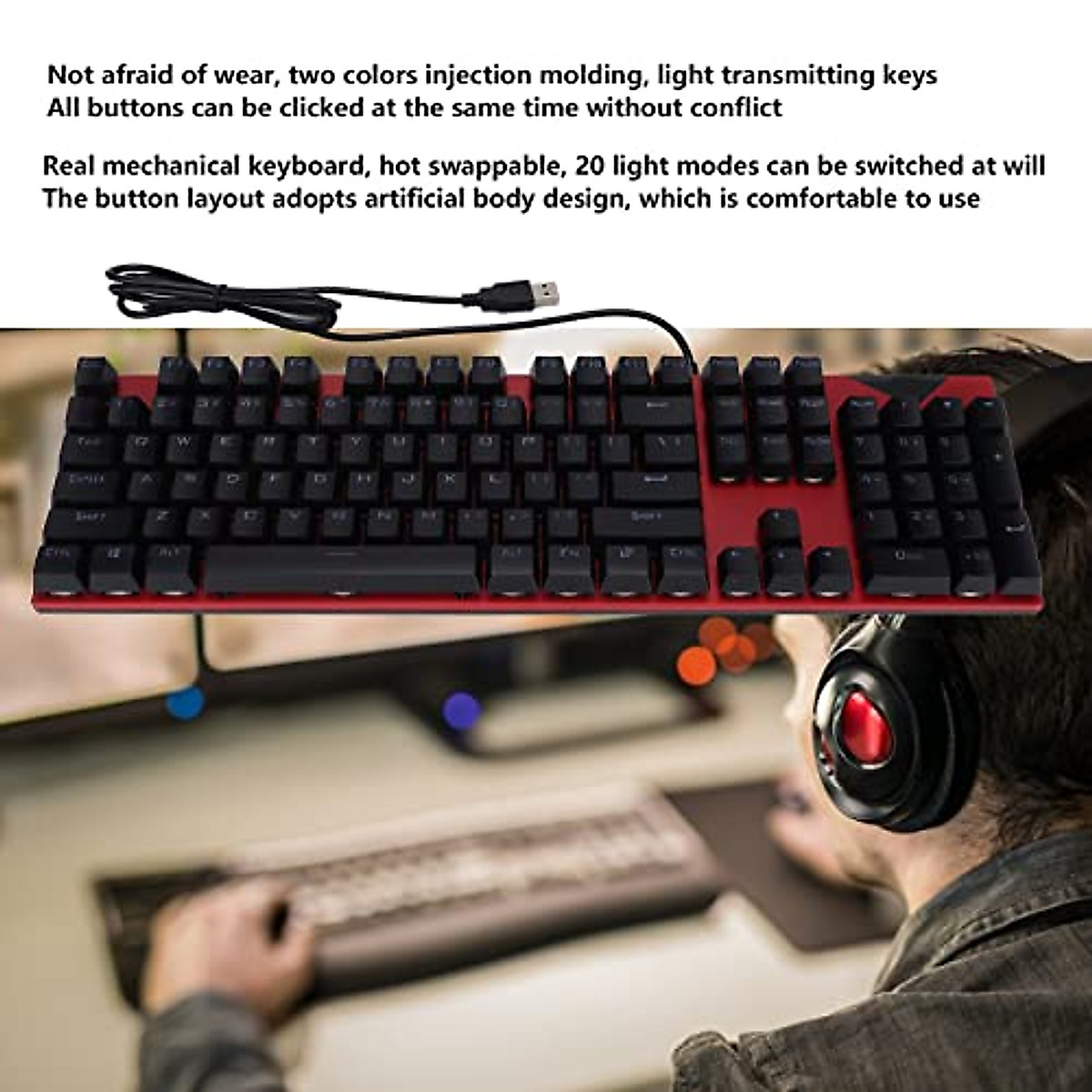 Kafuty-1 USB Mechanical Keyboard, 104 Keys Ergonomic PC Gaming Keyboard with 20 Kinds of Light Modes, Red Switch, for Win XP 7 8 10, for OS X 10.2 and Above(red)