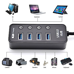 USB Hub 3.0 Powered, LYFNLOVE USB Extender 4-Port Data USB Hub with Power Adapter and 1 Smart Charging Port, USB Splitter with On/Off Switches for MacBook, Mac Pro/Mini, iMac, Surface Pro Laptop/PC