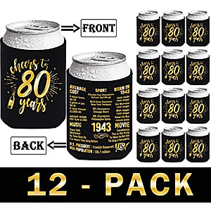 Henghere 80th Birthday Decorations for Men Women, 80th Birthday Party Supplies, Vintage - Eighty Birthday Party Beverage Can Cooler Sleeves, 12-Pack (Black & Gold)