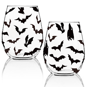 Whaline Halloween Wine Glasses Set of 2 Bat Stemless Wine Glasses 15 Oz Halloween Party Drinking Glasses for Trick or Treat Birthday Party