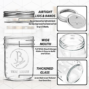 Wide Mouth Mason Jars 16 oz - (4 Pack) - Clear Glass Pint Mason Jars With Airtight Lids and Bands. For Storage, Canning, Fermenting, Meal Prep, Overnight Oats, Freezing, Microwave & Dishwasher Safe