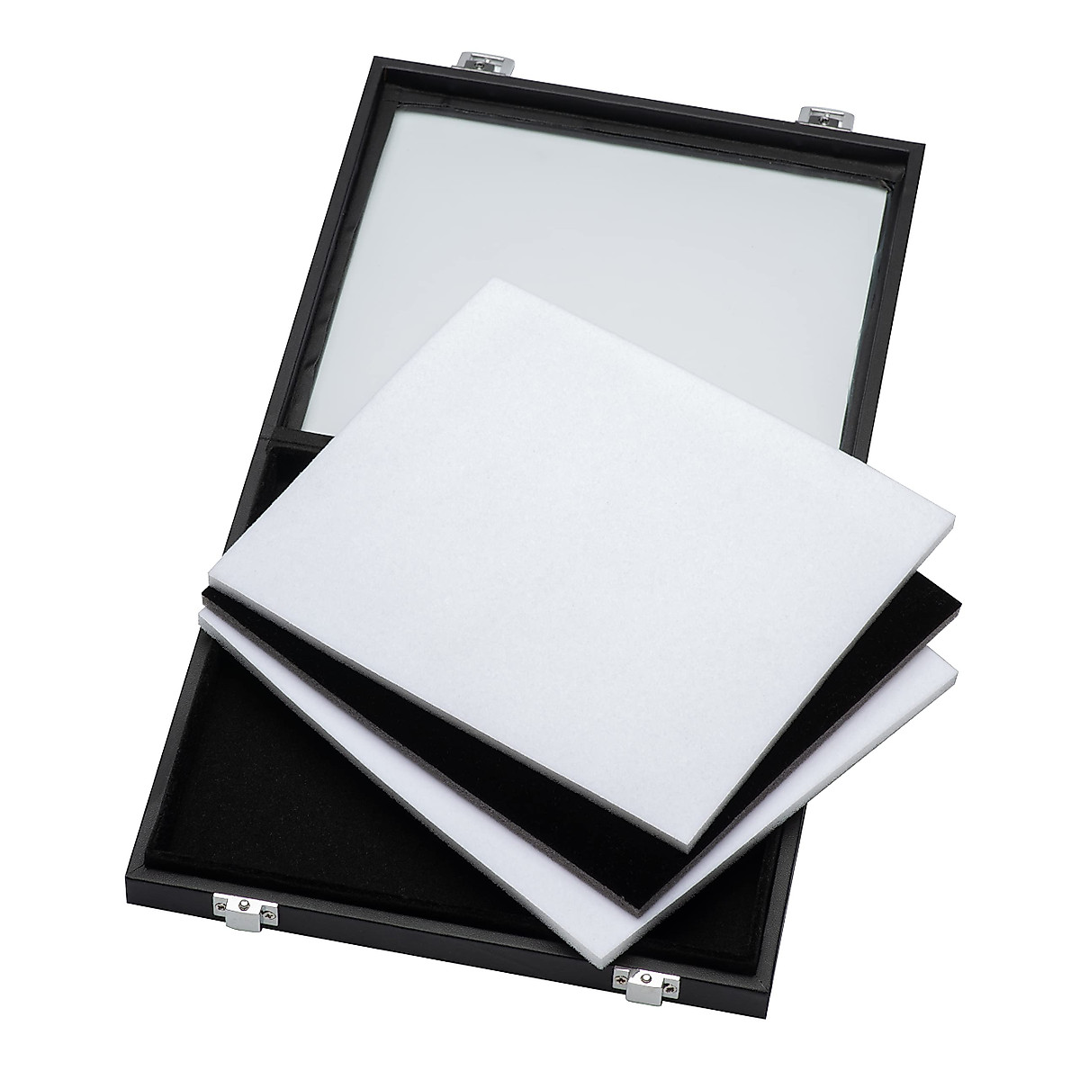 Giftop Jewelry Display Case Tempered Glass Top Lid Black Leatherette,Gemstone Display Case Jewelry Storage Box with Metal Clasp (Large)