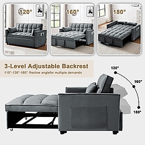 SumKea 55'' 3-in-1 Velvet Convertible Loveseat Sofa Bed-2-Seater Sleeper Couch with Pull-Out Bed, Reclining Backrest, Pillows, Pockets-Perfect for Small Spaces, Living Room Furniture, Dark Black