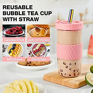 Mfacoy (4 Pack x 2 Size Boba Cup, 24oz & 16oz Bubble Tea Cup, Smoothie Cups with Lids and Stainless Straws, Reusable Boba Cup, Wide Mouth Mason Jar Drinking Glasses with Silicone Sleeve for Travel