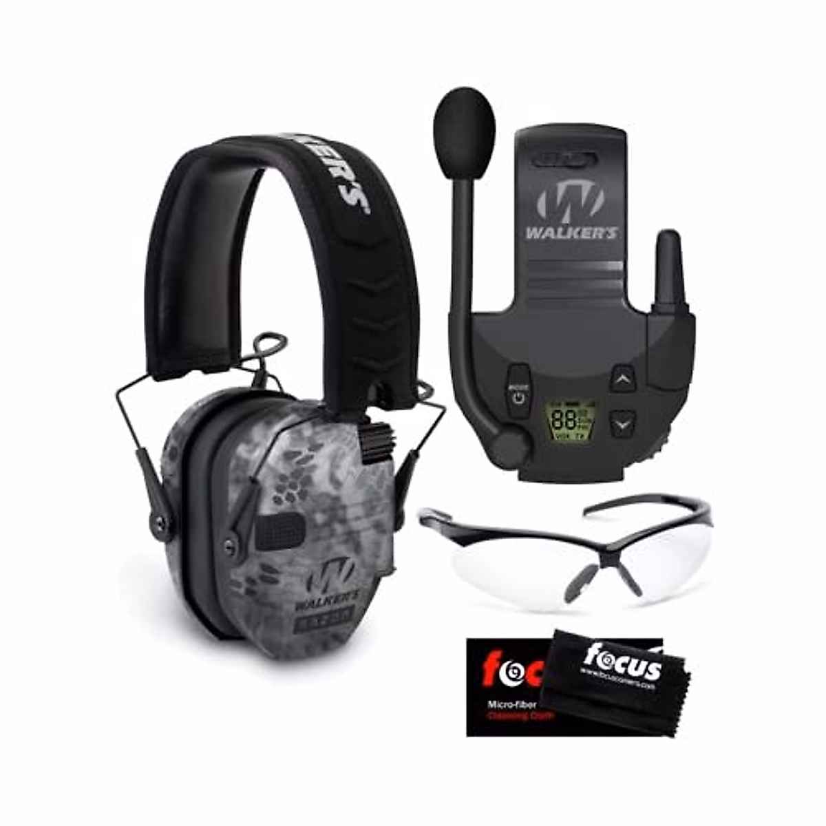 Walker's Razor Digital Ear Muffs (Raid Kryptek) Bundle with Walkie-Talkie and Sport Shooting Glasses (4 Items)