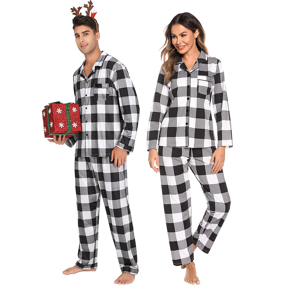 Sexqero Christmas Family Matching Pajamas Set Couples Button Down Sleepwear Loungewear Long Sleeve Plaid Pjs Lounge Set S-XXL