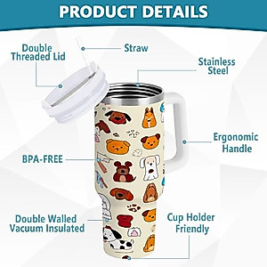 RPLIFE Cartoonish Dog Breeds Beige Stainless Steel Cup, Insulated Coffee Cups with Lids, Coffee Tumbler for Women