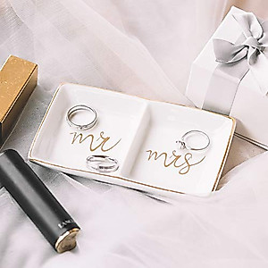 Quany Life Mr Mrs Jewelry Ring Dish Ceramic Trinket Tray Wedding Engagement Gift for Bride Desk Storage for Mrs Engaged Gifts Mr Mrs Gold Engagement Honeymoon Gifts Friend