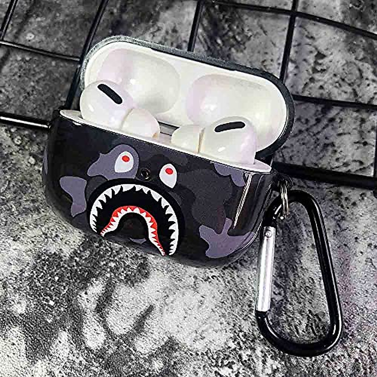 Shark Teeth Softshell Silicone Camouflage Airpods Case, IMD Case Shockproof Case Skin with Key Ring, Suitable for Apple Airpods Pro (Black)