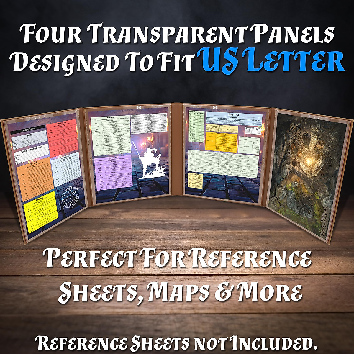 CASEMATIX DM Screen Faux Leather Embossed GM Screen - Four Panel Folding Dungeon Master Screen with Wet Erase Transparent Pockets and Compatible with Tabletop Roleplaying Games, Inserts Not Included