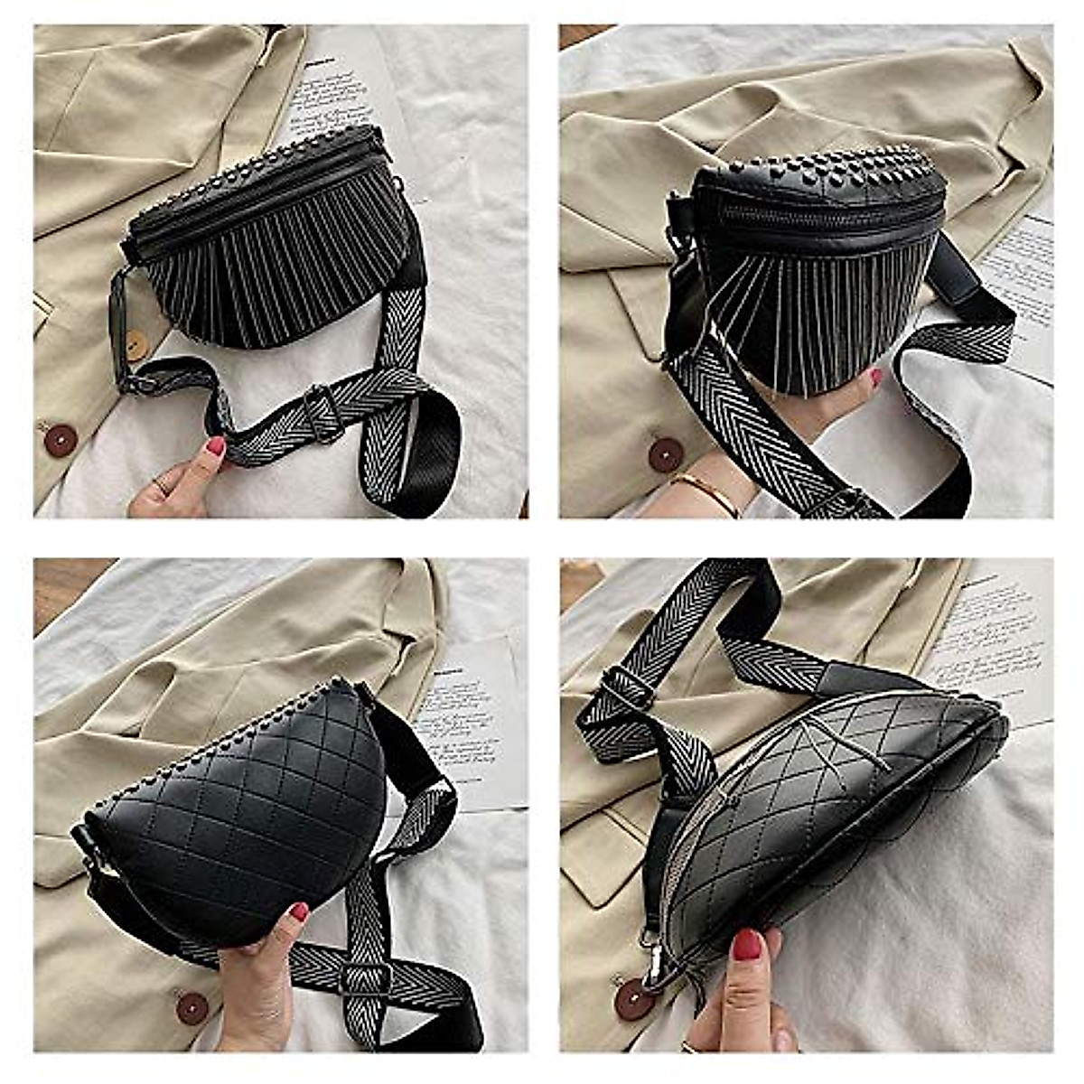 LABANCA Women Faux Leather Waist Packs Rivet Studded Zipper Pocket Shoulder Purse Rave Festival Fanny Bag Purse Chest Bag, Black