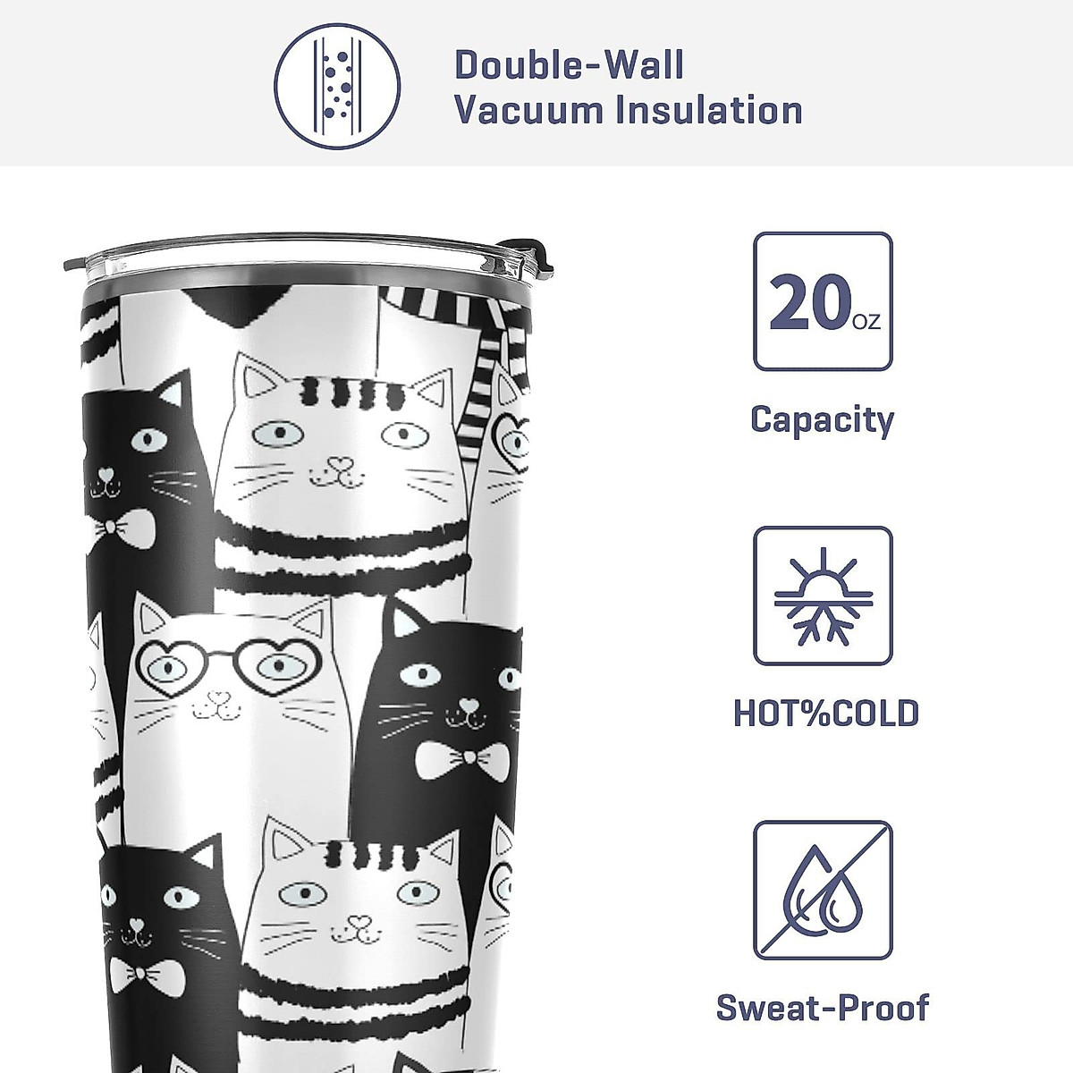 foixnub Black White Cat 20oz Tumbler Kitten Insulated Coffee Cup Wine Tumbler Stainless Steel Reusable Water Bottle Double Walled Travel Mug Thermal Cup for Hot Cold Drinks
