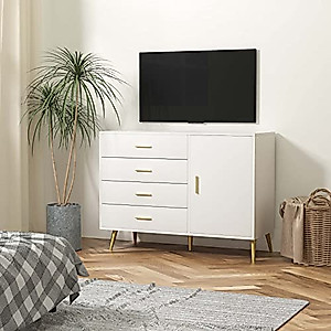 RESOM Storage Cabinet with Drawers & Door, Sideboard Cabinet with Adjustable Shelf, Printer Stand for Home Office, Free Standing Accent Cabinet for Living Room, Bedroom and Hallway (White)