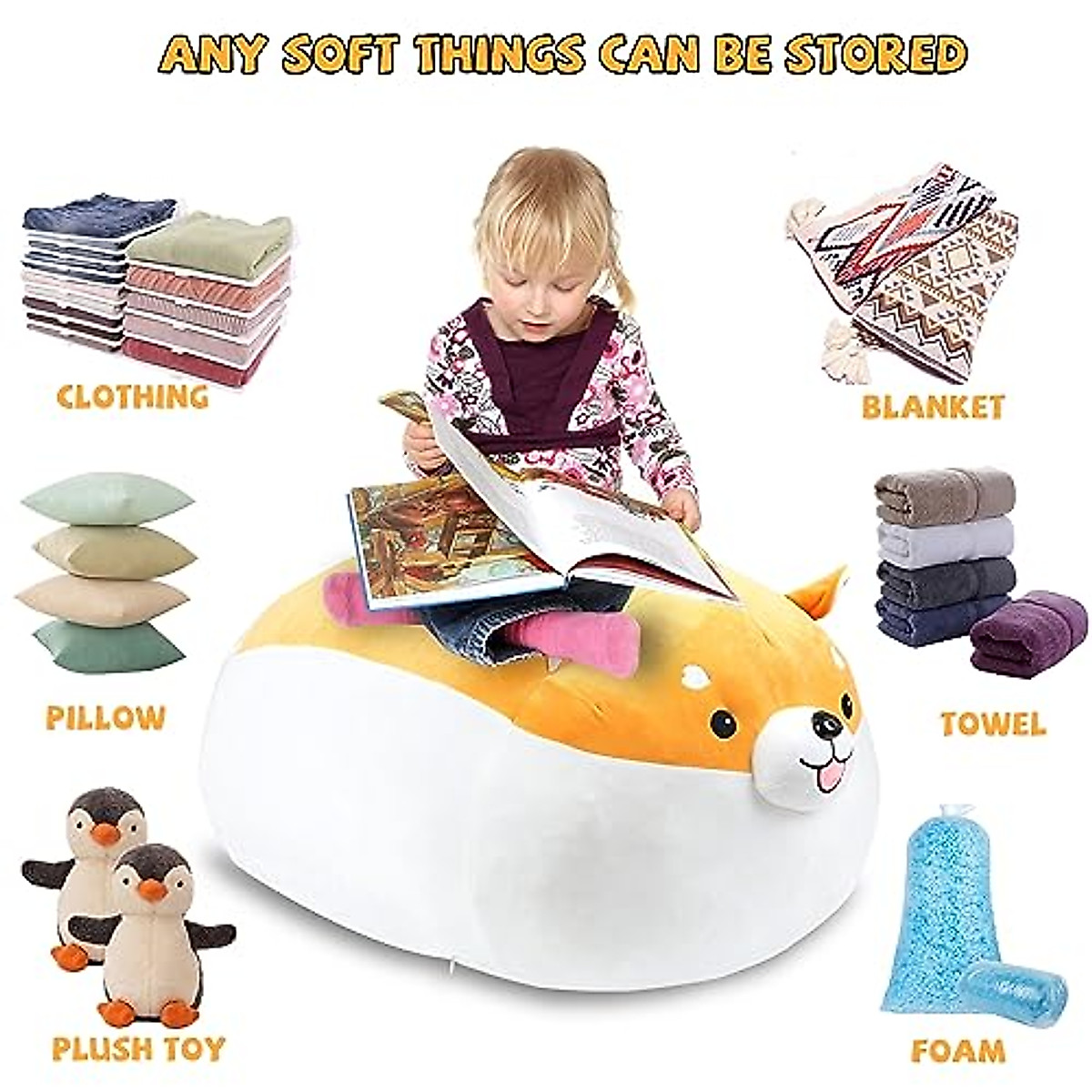 MissSoul Stuffed Animal Storage Bean Bag Chair Cover for Kids Cute Shiba Inu Yellow Dog Large Beanbag Plush Toy Bedroom Décor Organizer Cover, No Beans